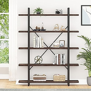 IBF 5 Tier Solid Wood Bookshelf, Industrial Natural Real Wood Metal Tall Bookcase, Modern Rustic Large Open Book Shelf Storage, Farmhouse Wide Etagere Bookcase for Office Living Bedroom, Rustic Gray