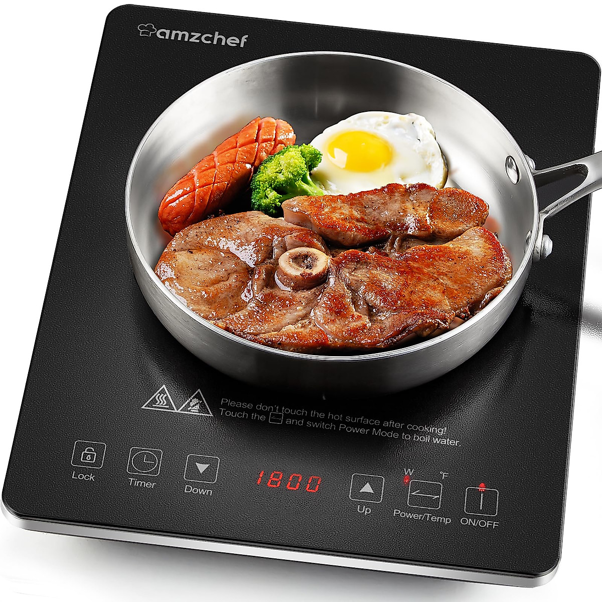 Portable Induction Cooktop AMZCHEF Induction Burner Cooker With Ultra Thin Body, Low Noise Hot Plate With 1800W Sensor Touch Single Electric Cooktops Countertop Stove With 8 Temperature & Power Levels, 3-hour Timer, Safety Lock