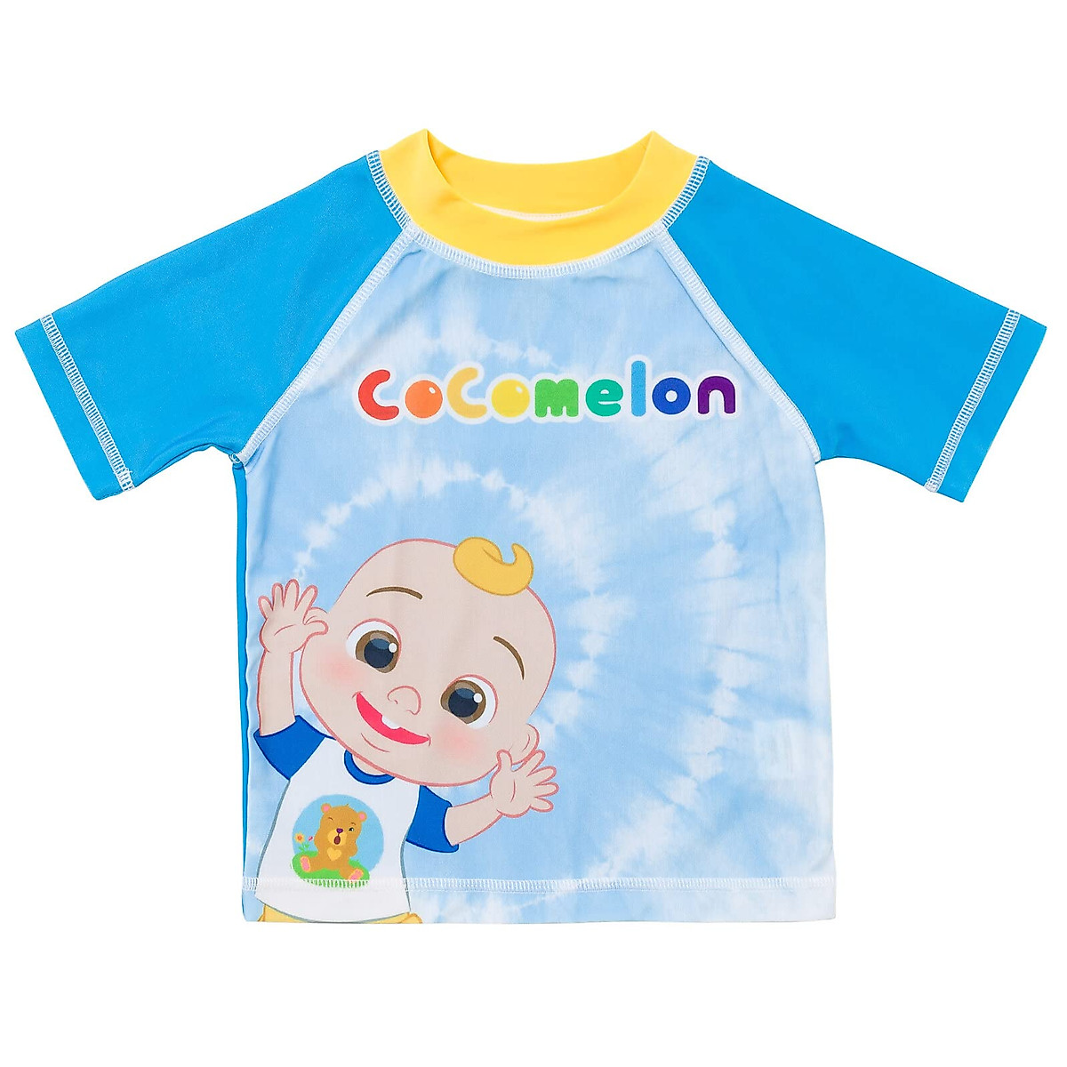 CoComelon Nico Tomtom Mochi JJ Wally Cody Infant Baby Boys Rash Guard and Swim Trunks Outfit Set Tie Dye Blue 18 Months