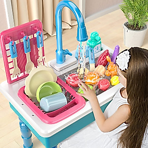 SmartChef Play Kitchen Sink Toys, Blue Electric Dishwasher Playing Toy with Running Water, Play Food & Tableware Accessories, Kitchen Set Toys, Role Play Sink Set for Toddlers Kids Boys Girls