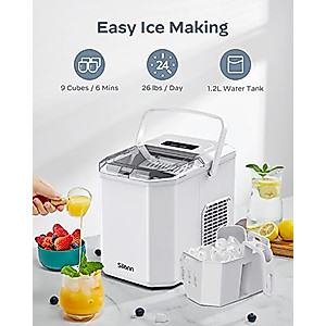 Silonn Ice Maker Countertop, Portable Ice Machine with Carry Handle, Self-Cleaning Ice Makers with Basket and Scoop, 9 Cubes in 6 Mins, 26 lbs per Day, Ideal for Home, Kitchen, Camping, RV