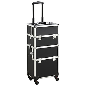 Yaheetech Rolling Makeup Train Case 3 in 1 Cosmetic Makeup Case Large Aluminum Trolley Makeup Travel Case Professional Rolling Cosmetic Beauty Storage, with 360° Swivel Wheels, Black