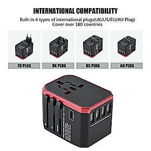 International Universal Travel Adapter, All-in-One Global AC Charger Socket. The 5.6A 4 USB and Type c Multi-Function Conversion Plug is Suitable for Many Countries Around The World. (Red)