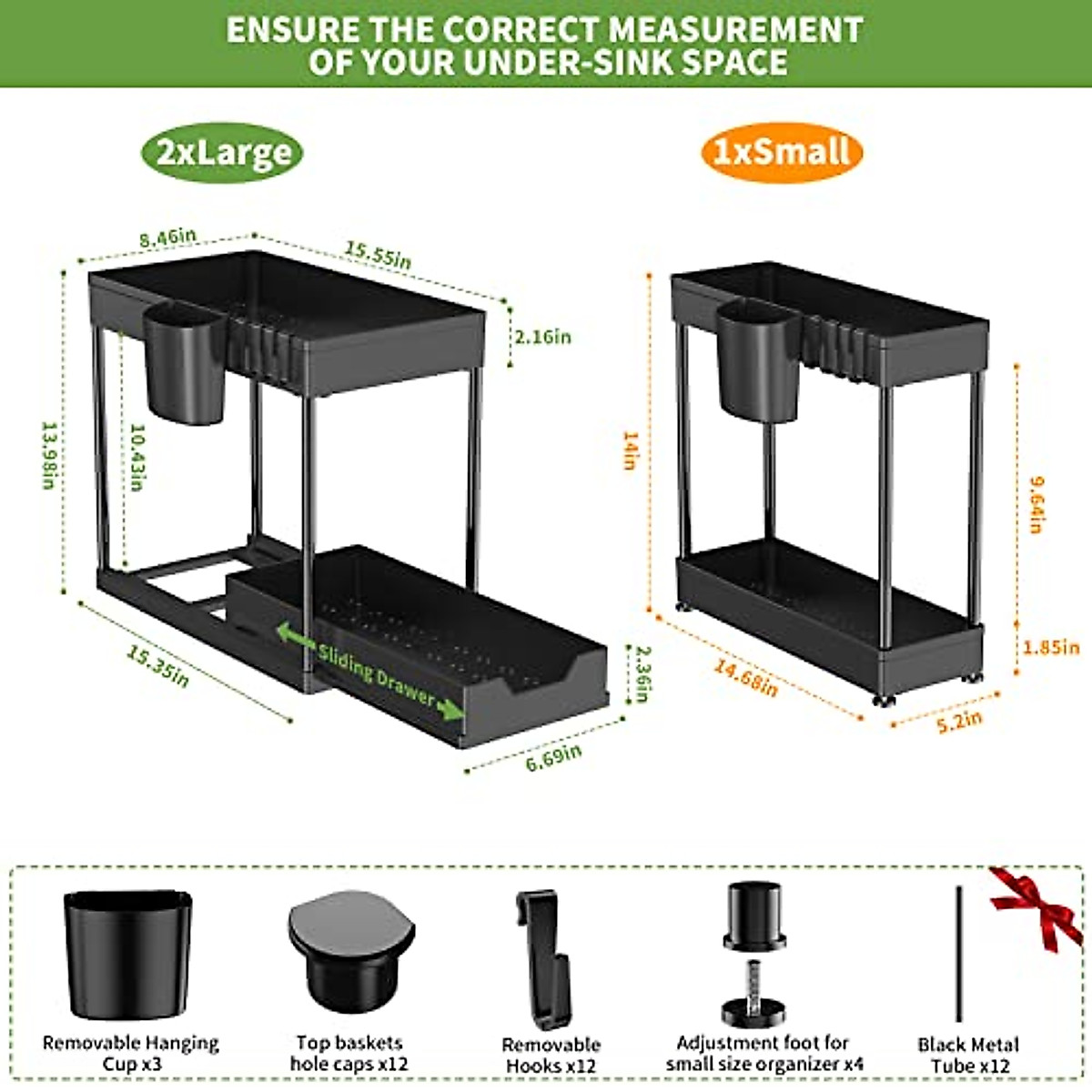 3 Pack Under Sink Organizers and Storage, Pull Out Bathroom Organizer, 2 Tier Bathroom Countertop Organizer with Hooks and Haning Cups, Multi-Purpose Under Cabinet Organizer, 2 Large 1 Small