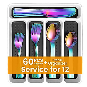 60-piece Rainbow Flatware Set with Organizer for 12, Colorful Stainless Steel Silverware Cutlery Set, Kitware Dinnerware Eating Utensils Knives Forks Spoons, Mirror Polished