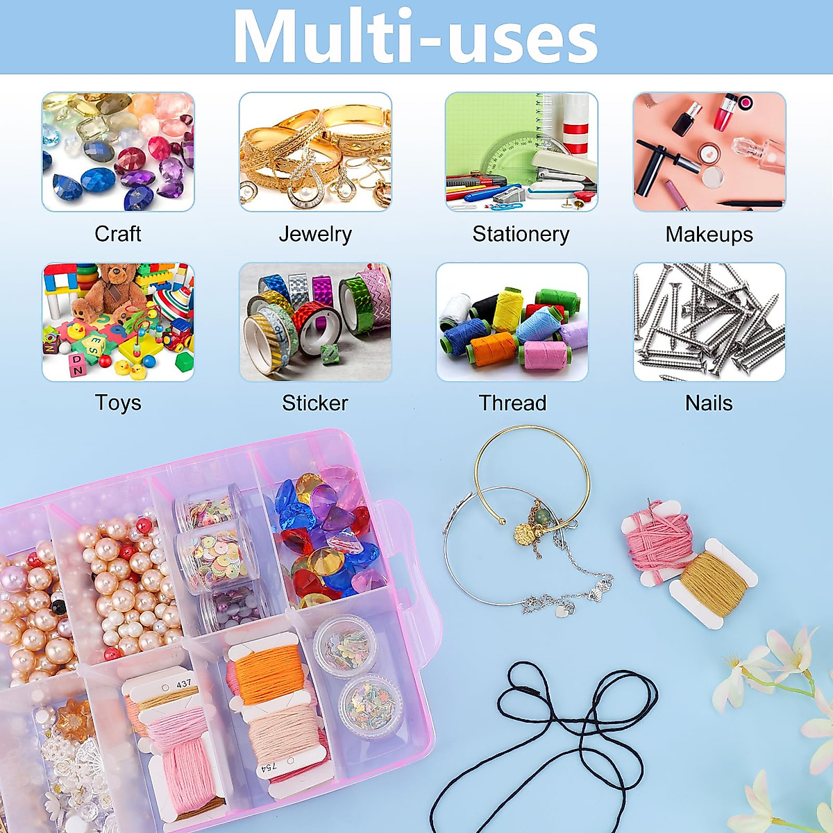 COSICS Large Stackable Craft Storage Containers, 3 Layers Hair Accessories Organizers Box with Adjustable Compartments, Plastic Bead Organizer Case for Art Supplies, Jewelry, Toys, Nail, Embroidery