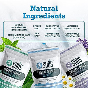 Dr Suds Laundry Powder Variety Bundle 3 Pack 192 Ounces Total Three 64 Oz Pouches Scented with Lavender and Eucalyptus Plus Unscented Variant Made in USA