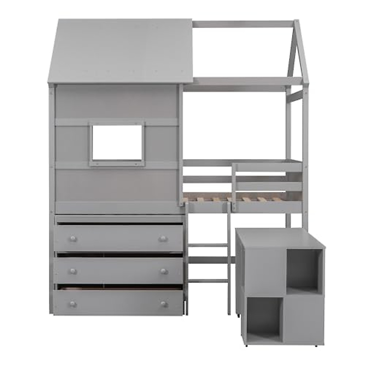 Twin Size House Loft Bed with Storage Desk and 3 Drawer Chest, Wood Loft Bed with Safety Guard Rails, Multi-Functional Loft Bed for Kids Boys Girls Teens Bedroom, Maximize Space Savings (Gray 014)