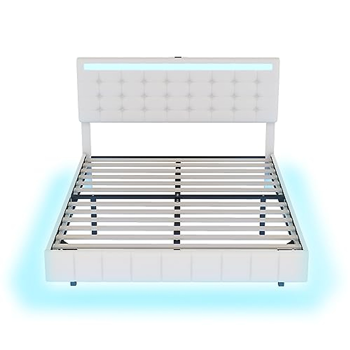Aiuyesuo Modern Queen Size Floating Bed with Headboard and USB Ports, Solid Wood Upholstered Platform Bed Frame with Led Lights Faux Leather, Wooden Slats, No Box Spring Needed (White-TD34)