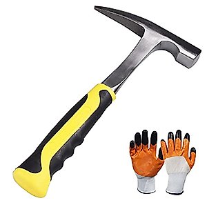 12 Inches Rock Pick Hammer with Skid Handle, All Steel Drop Forged Masonry Hammer with Chrome Plating, Geologist Hammer with Pointed Tip and Shock Reduction Grip for Mining+ A pair of gloves