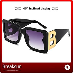 Breaksun Fashion Big Square Sunglasses for Women Men Classic Black Luxury Designer Sun Glasses Thick Frame Gradient Tint (Black/Grey/Black Character)