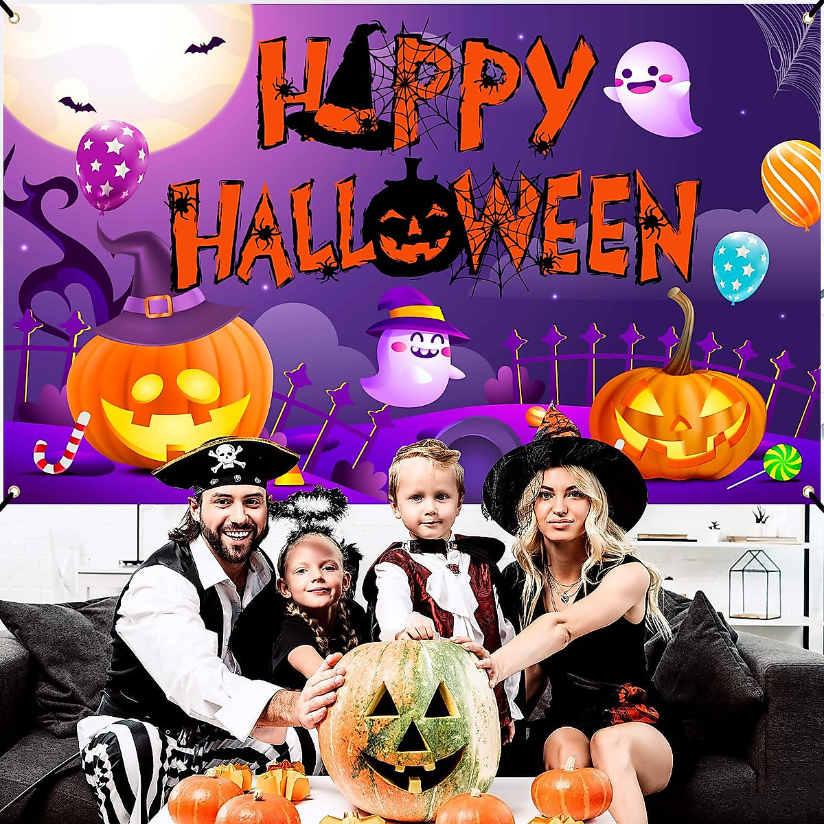 Large Happy Halloween Banner Backdrop 72x44 Inch, Spooky Pumpkin Happy Halloween Banner for Purple Halloween Party Decorations, Halloween Pumpkin Banner Photo Booth Background