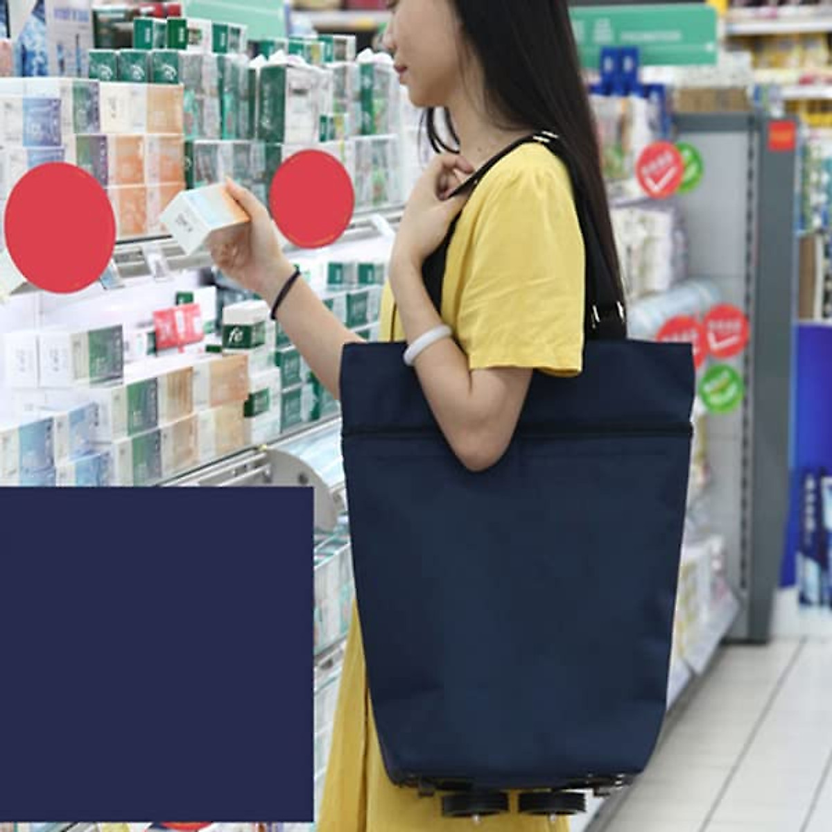 Foldable Shopping Cart Folding Shopping Bag Fashionable and Practical Shopping Carts Portable Hand-held Collapsible Sundries Bag for Picnic Trips and Shopping (Blue)