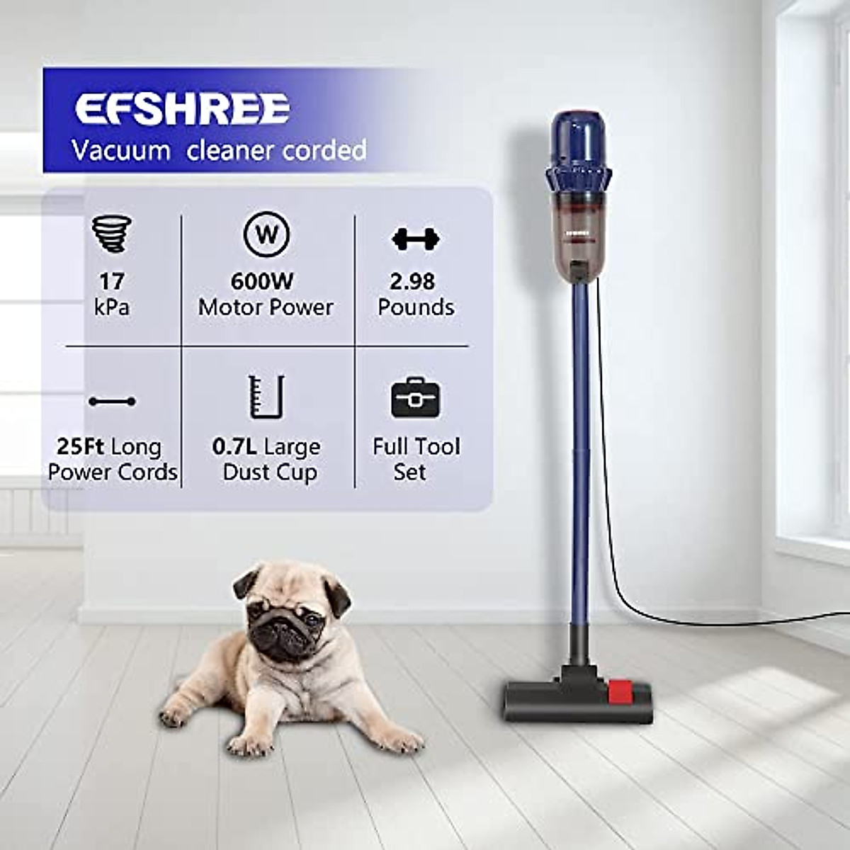 EFSHREE Vacuum Cleaner, Corded Stick Handheld Vacuums 17KPA Powerful Suction 600W Motor, Lightweight Vacuum Cleaners for Pet Hair Floor & Carpet (Navy)