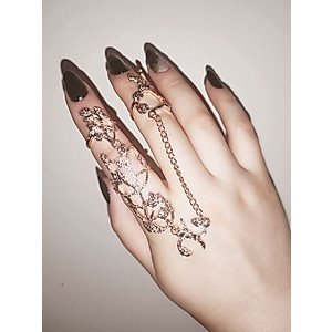 Full Finger Ring for Women Hand Chain Leaf Charm Finger Ring Bracelet with Chain Knuckle Open Long Finger Ring Hand Chains Adjustable Ring Bracelet Hand Chain Jewelry(Gold）