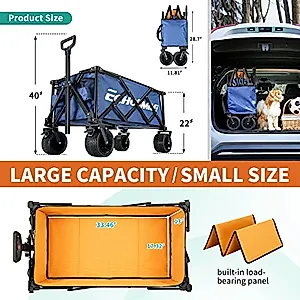 EchoSmile Collapsible Folding Wagon Cart, Beach Wagon for Sand with Big Wheels, Heavy Duty 400lbs Capacity Utility Wagon, Portable Garden Cart with Adjustable Handle, Foldable Grocery Wagon for Sports