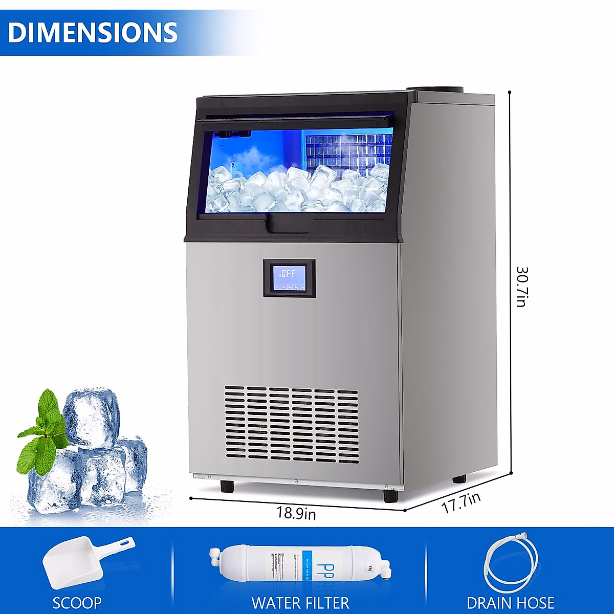 Commercial Ice Maker, 100lbs/24H, Ice Maker Machine, 50 Ice Cubes in 8-15 Minutes, Freestanding Cabinet Ice Maker with 33lbs Storage Capacity for Bar Home Office Restaurant, 2 Water Inlet Modes