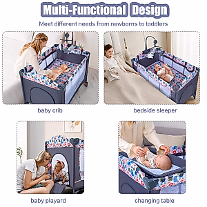 4-in-1 Pack and Play with Bassinet for Baby,Folding Crib,Travel Crib Diaper Changer with Mattress,Playard with Music Box,Multifunctional Baby Bed for Newborn,Infant,Toddler,Portable Baby Playpen
