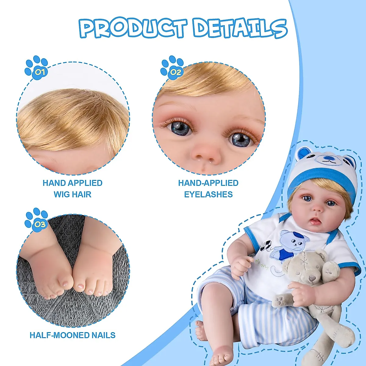 Aori Lifelike Realistic Reborn Baby Boy Doll 22 Inch Handmade Weighted Reborn Baby Doll with Bear Toy