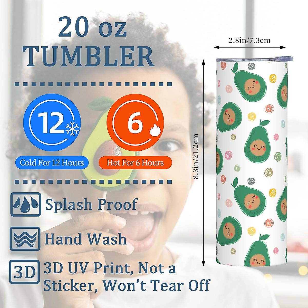 Srucddu 20oz Cute Avocado Insulated Tumbler With Lid and Straw, 3D Print Vacuum Travel Mug Stainless Steel Coffee Cup for Women Girl Gifts