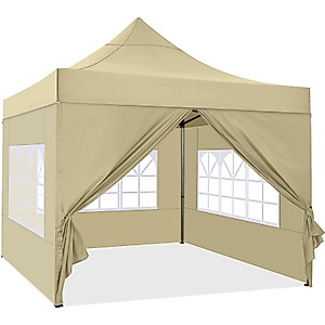 COBIZI 10x10 Pop up Canopy Tent 10x10 Canopy with 4 Sidewalls Waterproof Heavy Duty Commercial Canopy Tent for Parties Outdoor Tent Garden Gazebo Tent, Carry Bag with Wheel(10x10ft, Khaki)