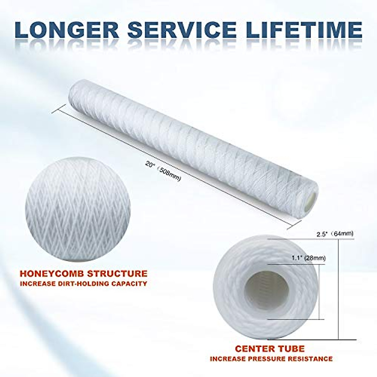 Membrane Solutions 5 Micron 2.5" OD x 20" Length Sediment Water Filter String Wound Polypropylene Cartridge for Whole House Filter Systems - 6 Pack