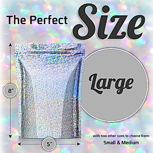 Resealable Black STANDUP Mylar Hologram Metallic Amazing Bags 5 * 8 inches. 100 Pk – Airtight, Waterproof, Zip Lock seal-Opaque Foil Pouch. Food Grade Bags Long shelf-life Storage (Large Black-Metal)