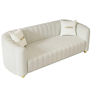 Kadway Lambswool Sofa for Living Room, 84" Mid-Century Modern Beige Couch, Luxury Loveseat Sofa Couch, Sectional Love seat Sofa Couch with Gold Legs, Upholstered Sofa for Apartment Bedroom Home Office