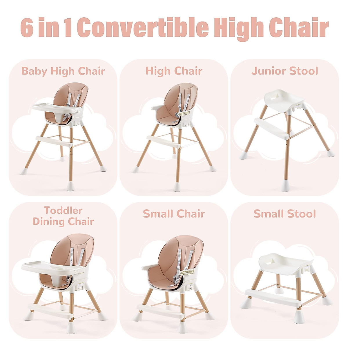 6-in-1 Convertible High Chair for Babies and Toddlers, Baby Feeding Chair with Adjustable Legs & Double Dishwasher Safe Tray, Infants Eating Chair with Footrest&Safety Harness for Boys Girls, Pink