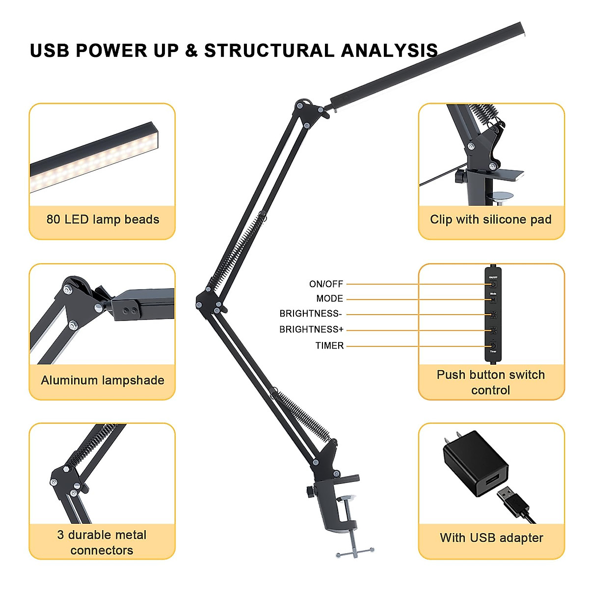 TROPICALTREE LED Desk Lamp, Swing arm Desk Light with clamp, 3 Lighting 10 Brightness Eye-Caring Modes, Reading Desk Lamps for Home Office 360 Degree Spin with USB Adapter & Memory Function black-14W