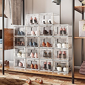 Crestlive Products 18 Pack Shoe Storage Box, Plastic Foldable Shoe Box, Stackable Clear Shoe Organizer Bins, Drawer Type Front Sneaker Containers (X-Large/White)