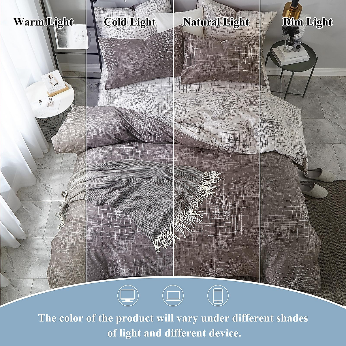 VM VOUGEMARKET King Duvet Cover Gray brown,Reversible Abstract Duvet Cover Set with Zipper,100% Cotton-Hotel Quality Modern Men/Women bedding Set-King,Artwork