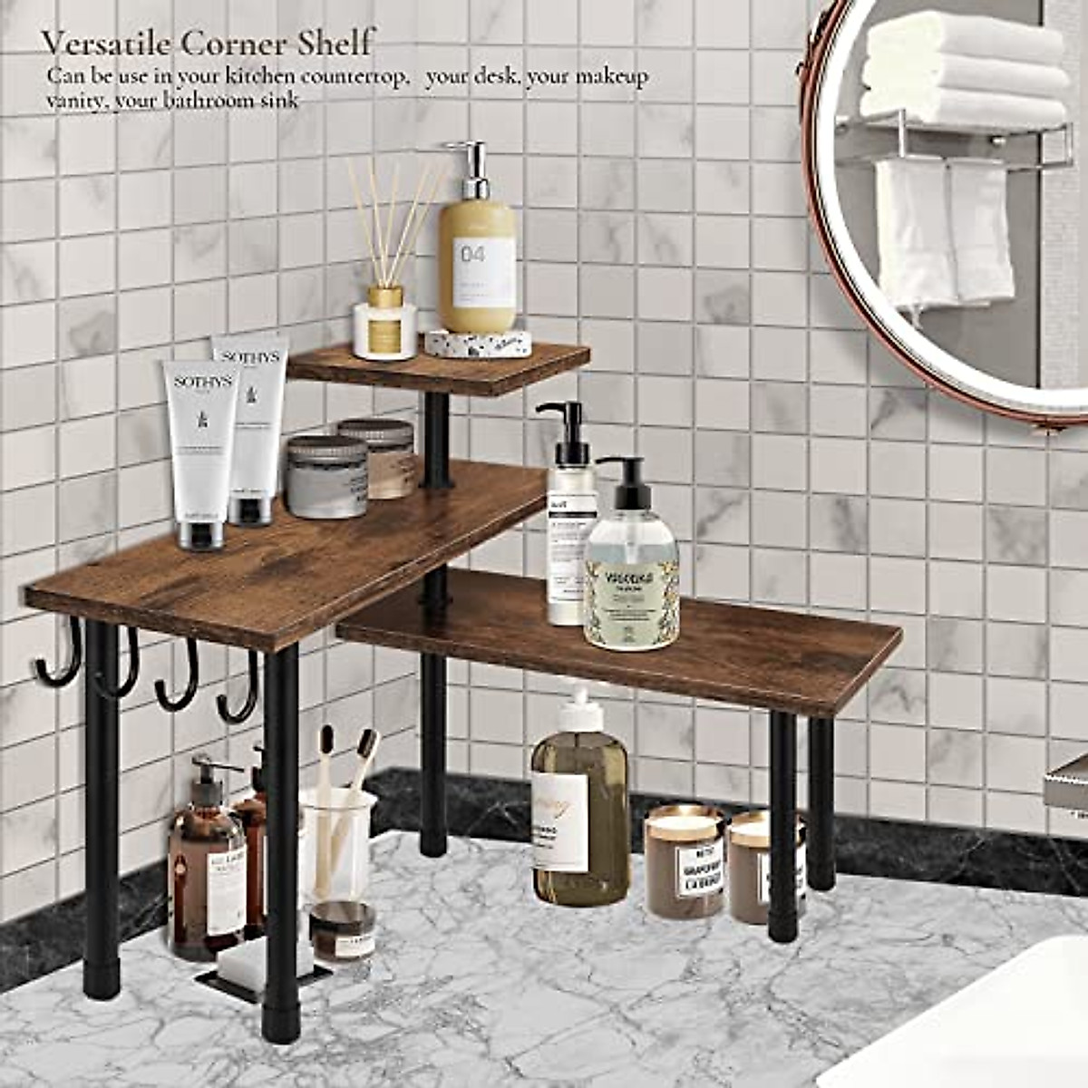 BCOZLUX Kitchen Countertop Organizer, 3 Tier Corner Counter Shelf with Metal Hooks, Bathroom Counter Organizers and Storage, Tiered Wood Spice Rack, Rustic Brown and Black