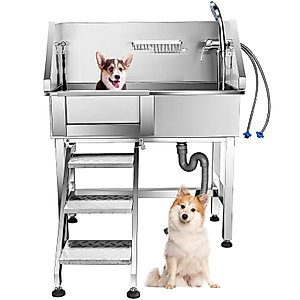 ARTYUIO 34'' Pet Grooming Tub Dog Washing Station for Small Dogs Pet Bathtub Stainless Steel Dog Bathing Tub Wash Sink Shower Station with Retrackable Stairs, Sliding Door,Home Commercial