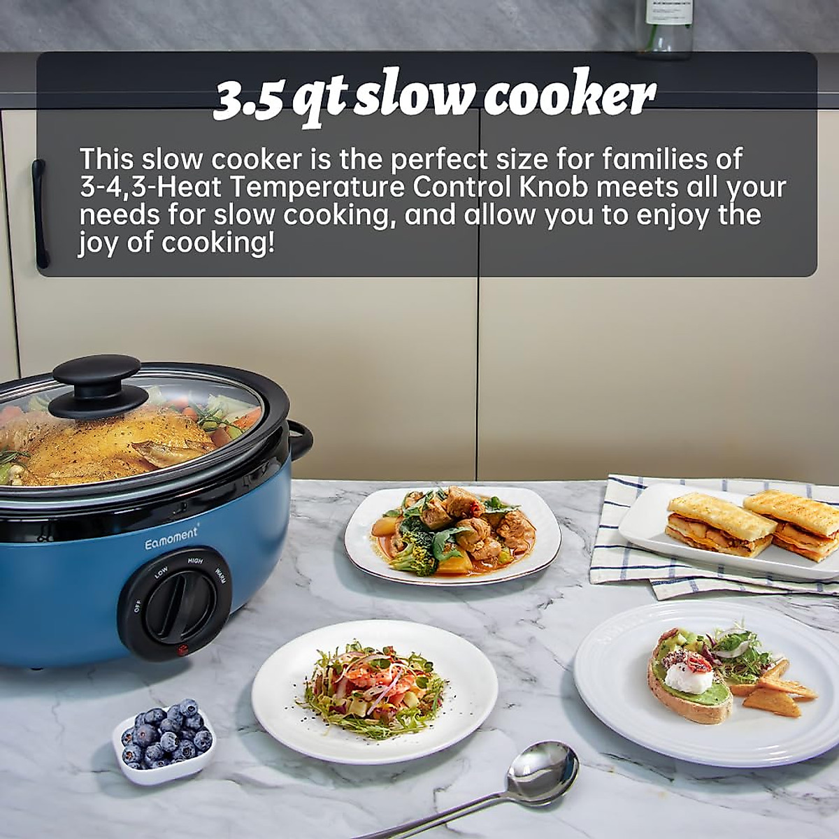 3.5 Quart Slow Cooker Blue Uniform Heating,Non Stick Pot,Aluminum, Makes Your Food More Delicious.Suitable as a Gift for Wives,Parents,and Friends