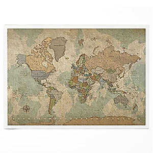 World Map on Canvas in Vintage Earth Tones, Travel Map with Pins to Mark Travels, World Map Pin Board, World Maps for Wall Push Pin, Gift for Travelers Gift for Women Men (Rolled 40x24)
