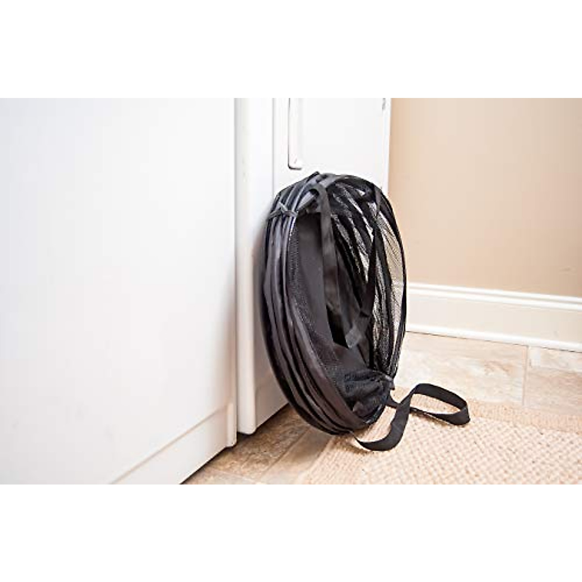 Camco Pop Collapsible Mesh Hamper Basket with Handles-Easy to Store and Clean, Perfect for Travel, Dorms, and More, Minimizes Moisture Caused Laundry Odors-Black (51977)