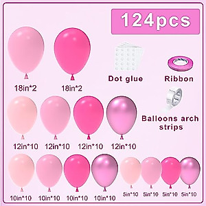 NISOCY 124Pcs Pink Balloons Garland Arch Kit, 18In 12In 10In 5In Different Size Hot Pink Metallic Pink Balloons for Engagement, Wedding, Birthday, Baby Shower, Princess Theme Valentine's Decorations