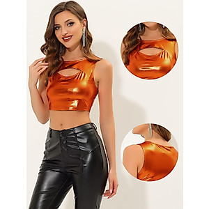Allegra K Metallic Crop Top for Women's Sleeveless Cut Out Party Clubwear Holographic Tank Tops Medium Orange