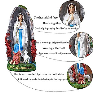 Catholic Our Lady of Lourdes Statue 8 Inch Praying Blessed Virgin Mother Mary Figure, Grotto with Saint Bernadette and Lamb Statues, Catholic Religious Home Decor, Outdoor Garden Statue (8 Inch)