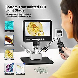 TOMLOV DM401 Pro 2K Digital Microscope 1200x, Extension Tube ET02, 7 inch HDMI LCD Microscope, Buttom LED Light Stage Included,24MP Coin Microscope with Screen,PC/TV Compatible，32GB