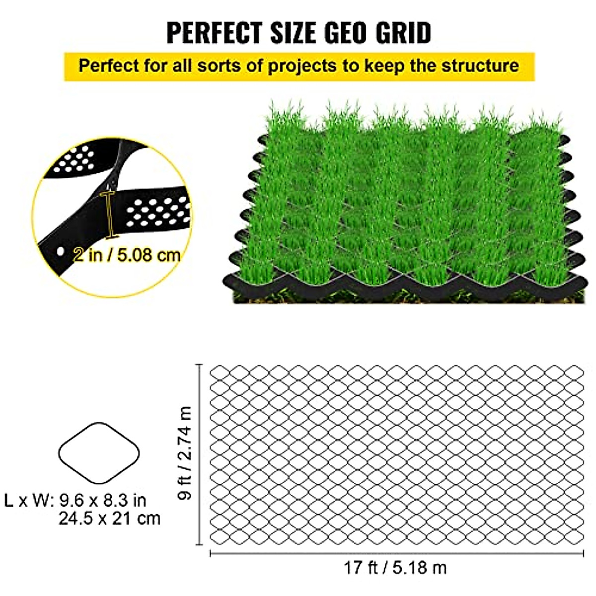 Happybuy Geo Grid Ground Grid 9x17 ft, Geo Cell Grid 2 Inch Thick, Gravel Grid HDPE Material, Ground Stabilization Grid 1885 LBS Per Sq, Tensile Strength Gravel Ground Grid for Slope Driveways, Garden