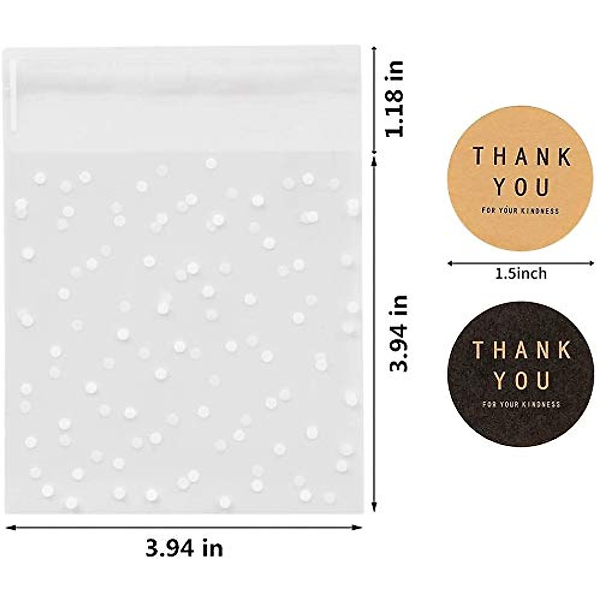 400PCS White Polka Dot Treat Bags Self Adhesive Candy Cookie Bags, 200 Clear Cellophane Bags + 200 Thank You Sticker for Bakery Biscuit Snacks Dessert,3.94x3.94Inches