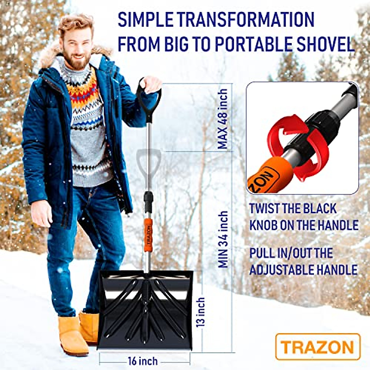Snow Shovel for Driveway Car Home Garage - Portable Folding Snow Shovel with Retractable Ergonomical Handle and Large Capacity for Snow Removal - Heavy Duty Metal Collapsible Shovel Removal, Model2022