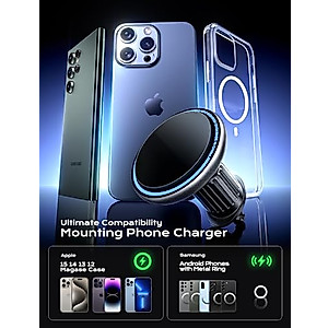 UPTOHIGH Magsafe Car Mount Charger, 15W Fast Charging LED Magnetic Wireless Car Charger, Air Vent Phone Holders for Your Car Magsafe Car Phone Holder for iPhone Samsung Galaxy, Google, Magsafe Case