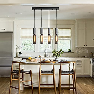 ADCTHOME 4-Light Concrete Linear Pendant Light with a Metal Mesh Shade,Modern Industrial Hanging Cement Pendant Lighting for Kitchen Island Bedroom Living Room Dining Room Light Fixture