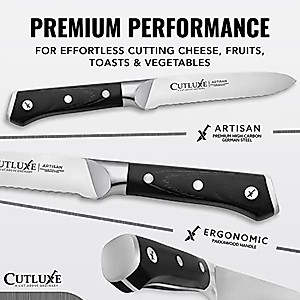 Cutluxe Serrated Kitchen Utility Knife, 5" Tomato Knife – Forged High Carbon German Steel – Full Tang & Razor Sharp – Ergonomic Handle Design – Artisan Series