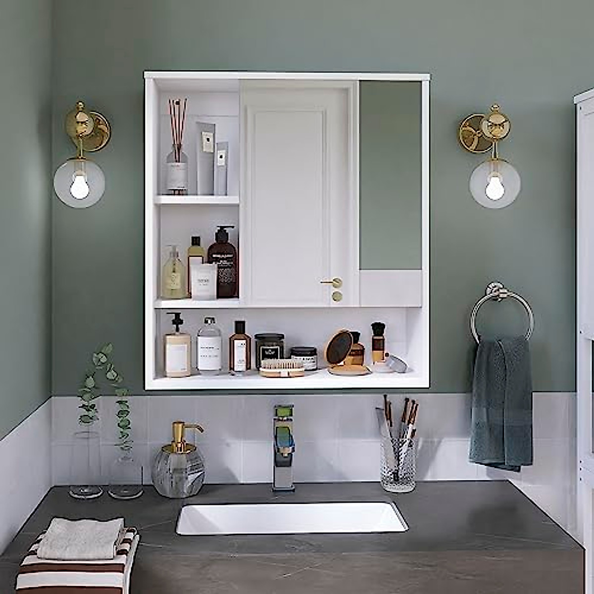 SMIBUY Bathroom Mirror Cabinet Wall Mounted, Bamboo Space Saver Medicine Cabinet, Wall Hanging Over Toilet Storage Cabinet with Mirror Door and Adjustable Shelf (White)