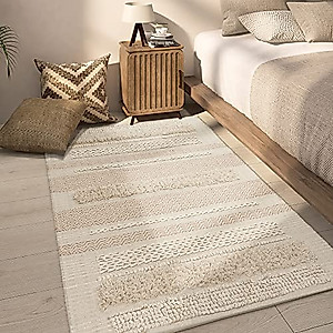 SUMGAR Boho Tribal Area Rug-3x5 Woven Cotton Rug for Bedroom, Washabel Rug, Bedroom Decor, Beige Cream Neutral Rug, Handmade Tufted Knoted Soft Rug with Sparkle Gold Metalic, for Living Room Entryway