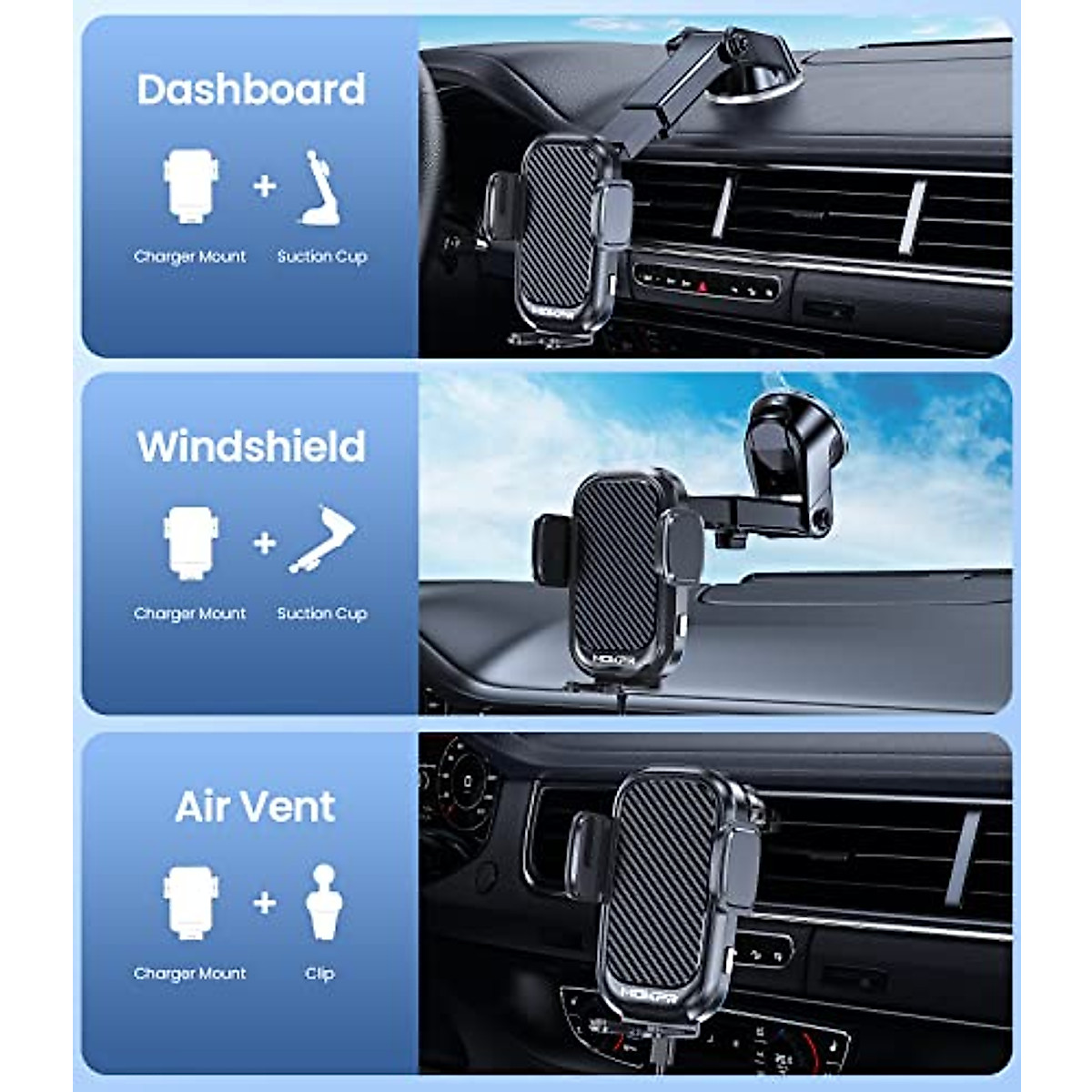 MOKPR Dual Coils Wireless Car Charger, [2023 Upgraded ] 15W Car Phone Fast Charging Mount, Dash Windshield Air Vent Wireless Auto-Clamping Phone Holder for Samsung Z Flip 4 3, iPhone 14 13 12 11 etc